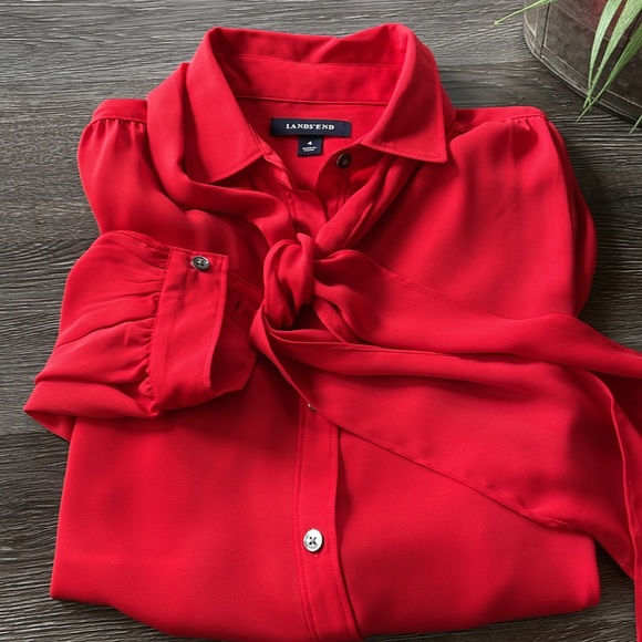 Lands' End | Tops | Lands End Red Long Sleeve Button Up Blouse With Tie ...